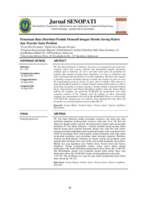 Pdf Penentuan Rute Distribusi Produk Otomotif Dengan Metode Saving Matrix Dan Traveler Sales