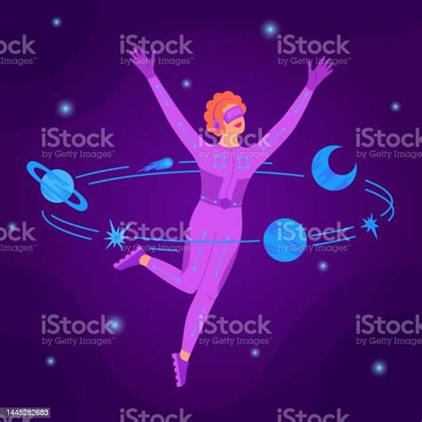 Vr 정장과 Vr 안경을 쓴 젊은 여자 행성 혜성 별의 중심에 있다 Brand Name Video Game에 대한 스톡 벡터 아트 및 기타 이미지 Brand Name