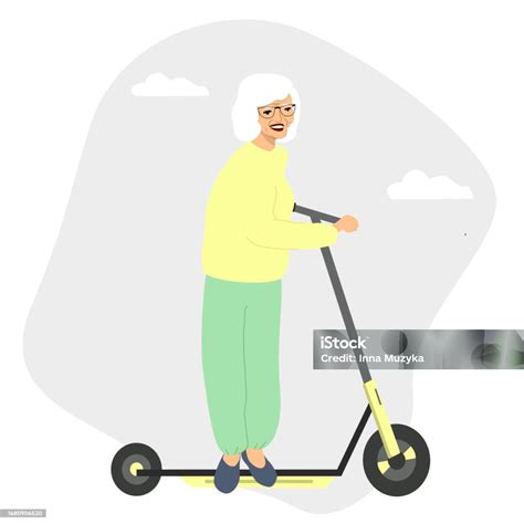 전기 스쿠터를 타고 있는 나이든 여자 행복한 활동적인 선배 캐릭터 플랫 벡터 그림 가득 찬에 대한 스톡 벡터 아트 및 기타