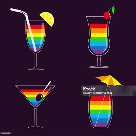 레인보우 칵테일 유리 세트 마티니 올리브 스틱 레몬 우산 짚 체리 게이 파티를 마셔라 Lgbt 기호 기호입니다 메뉴 템플릿 평면 디자인 어두운 배경 격리 시간에 대한 스톡