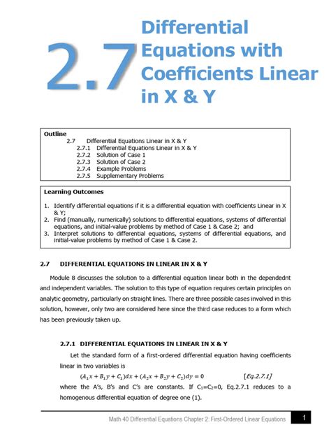 2 7 Differential Equations With Coefficients Linear In X Y Hand Out Pdf Equations