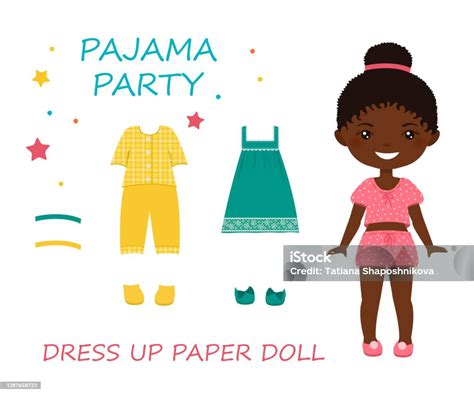 종이 인형을 드레스 잠옷 파티를 위한 잠옷에 귀여운 치비 소녀 캐릭터 플랫 만화 스타일 파자마에 대한 스톡 벡터 아트 및 기타