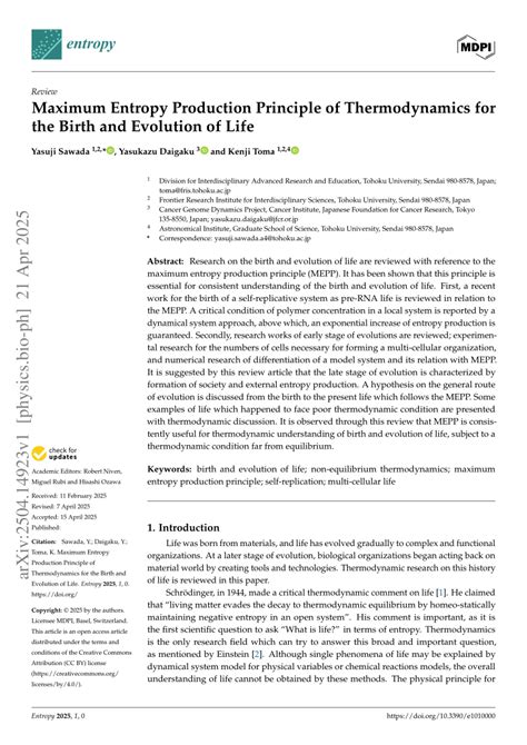 Pdf Maximum Entropy Production Principle Of Thermodynamics For The Birth And Evolution Of Life