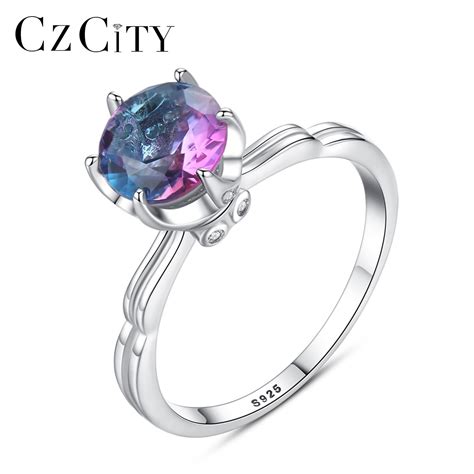 Czcity Genuine 925 Sterling Silver Rainbow Fire Mystic Topaz Solid Ring