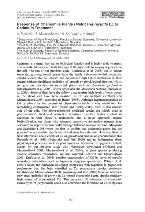Pdf Response Of Chamomile Plants Matricaria Recutita L To Cadmium Treatment