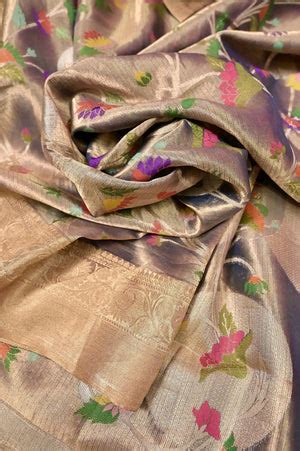 Buy Pure Tissue Kota Banarasi Silk Saree In Grey And Gold With Allover