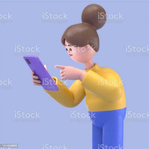 웃는 여자 안젤라의 3d 일러스트레이션은 스마트 폰을 사용합니다 파란색 배경에 3d 렌더링 3차원 형태에 대한 스톡 사진 및 기타 이미지 Istock