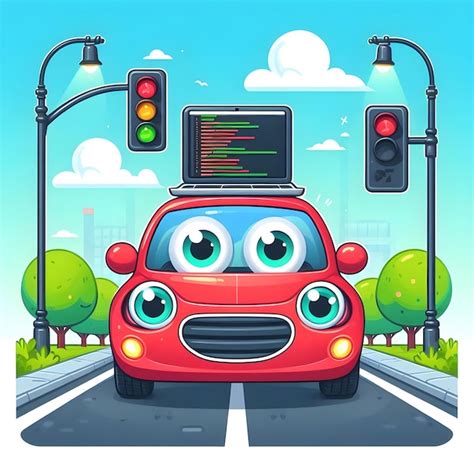 Cheerful Red Car With Coding Laptop And Expressive Eyes Premium Ai