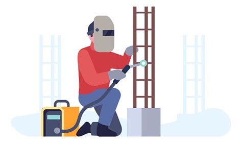 건설 과정 빌더는 용접 장비와 함께 작동합니다 금속 전기자를 용접하는 수리공 헬멧 마스크를 쓴 남자 산업 노동자 전문 용접공 수리 직업 벡터 개념 용접공에 대한 스톡 벡터