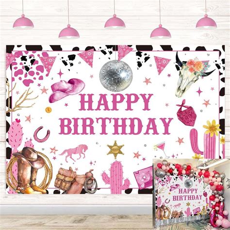 Western Cowgirl Happy Birthday Backdrop Pink Disco Wild West Cactus Cow