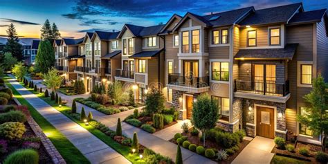Stunning Night View Of A Modern Townhome With Lush Landscaping Exterior