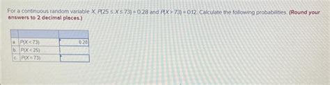 solved for a continuous random variable x p 25≤x≤73 0 28