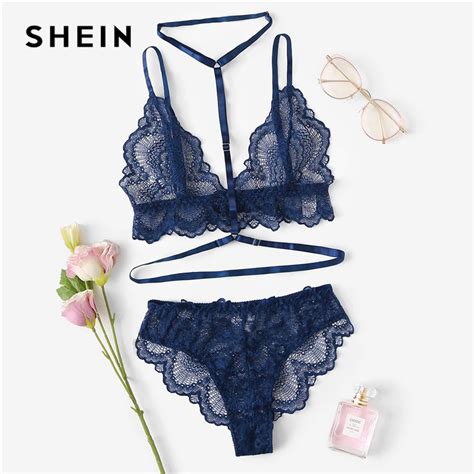 Buy Shein Sexy Navy Trim Lace Unlined Lingerie Set Hot