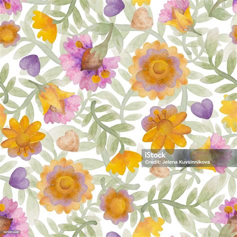 흰색 배경에 수채화 스타일 라일락과 노란색 꽃 원활한 패턴입니다 꽃 장식입니다 벽지 종이와 직물에 인쇄 스크랩북 포장 포장지 엽서 인쇄하다 0명에 대한 스톡 벡터 아트 및