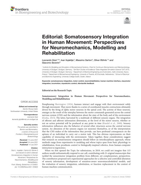 Pdf Editorial Somatosensory Integration In Human Movement