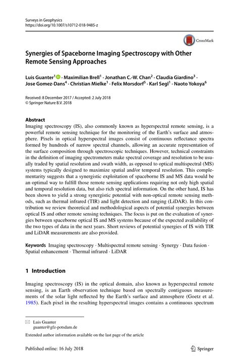 Pdf Synergies Of Spaceborne Imaging Spectroscopy With Other Remote Sensing Approaches