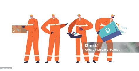 쓰레기 처리 작업자 캐릭터는 폐기물을 수집 분류 및 처리하여 적절한 재활용 및 처리를 보장합니다 등장인물에 대한 스톡 벡터 아트 및 기타 이미지 Istock