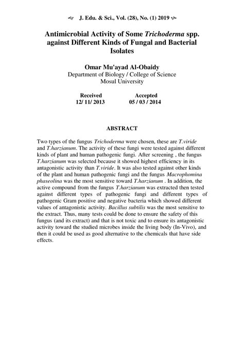Pdf Antimicrobial Activity Of Some Trichoderma Spp Against Different