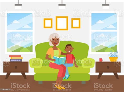 할머니는 소파에 앉아 그녀의 손자에 책을 읽고 그녀의 손자와 함께 집에서 시간을 보내는 노인 여성 소년은 주말 만화 벡터 일러스트에 대한 할머니와 함께 머물렀다 가족에 대한