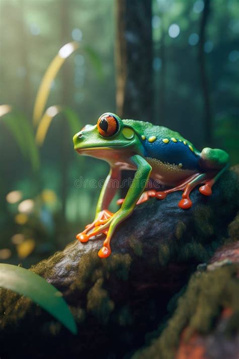 Frog In The Forest Closeup Generative Ai Stock Illustration
