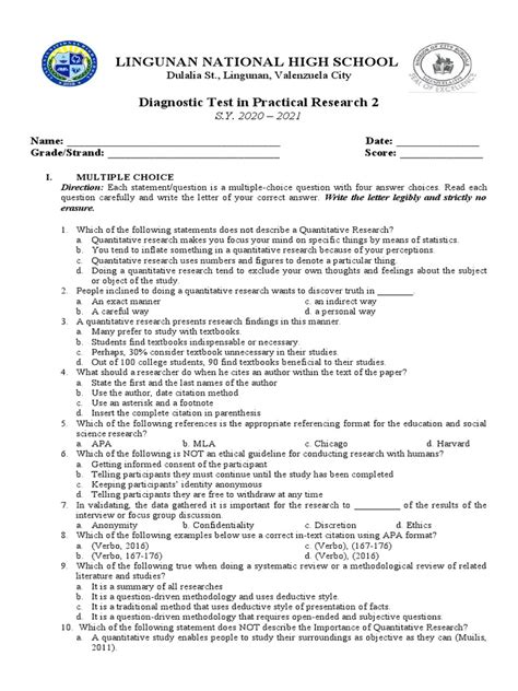 Diagnostic Test In Pr2 Pdf Research Design Experiment