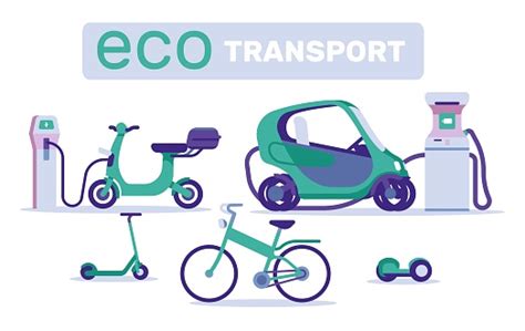 에코 운송 도시 교통 전기 자동차 및 스쿠터 배터리 충전 자이로보드와 자전거 대체 에너지 생태 친화적 인 자동차 벡터 생태 차량 세트 역에 대한 스톡 벡터 아트 및 기타