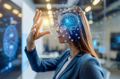 Woman Interacting With Ai Brain Interface Showcasing Advanced