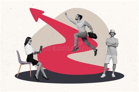 Creative Collage Picture Of Mini Black White Colors People Use Netbook Run Jump Growing Arrow