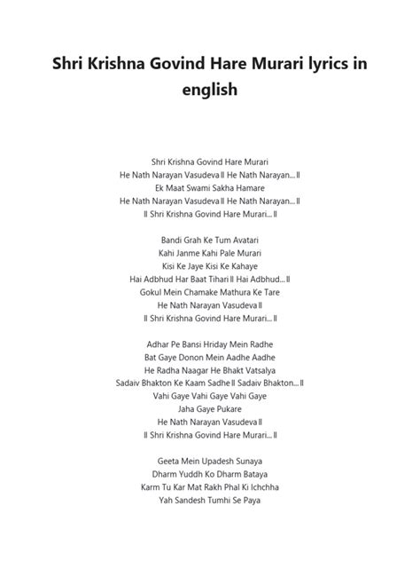 Shri Krishna Govind Hare Murari Lyrics In English Pdf