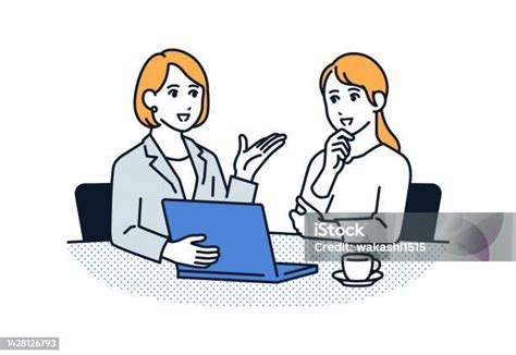 양복을 입은 여성과 상담하는 젊은 여성의 벡터 일러스트 레이 션 자료 라인아트에 대한 스톡 벡터 아트 및 기타 이미지 라인아트 의사소통 20 29세 Istock