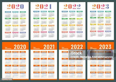 달력 2020 2021 2022 및 2023 영어 색 벡터 집합입니다 수직 벽 또는 포켓 캘린더 템플릿 골로풀 빅 디자인 컬렉션 새해 주 시작 일 달력에 대한 스톡 벡터