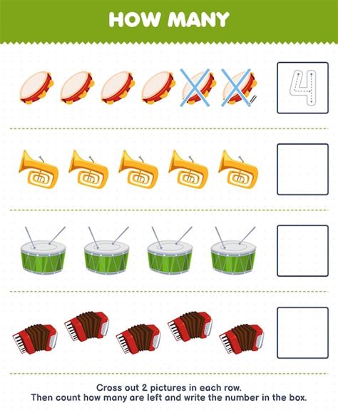 어린이를 위한 교육 게임은 만화 탬버린 튜바 드럼 아코디언의 수를 세고 상자 인쇄 가능한 악기 워크시트에 숫자를 씁니다 프리미엄 벡터