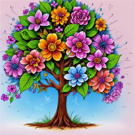 Premium Photo A Colorful Drawing Of A Tree With Flowers And Leaves On It