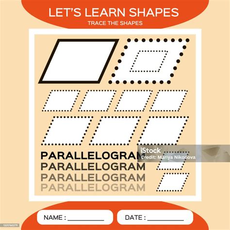 평행사변형 기본 기하학적 모양 어린이를위한 요소 셰이프를 알아봅니다 필기 연습 추적 및 쓰기 교육 어린이 게임 키즈 활동 인쇄 시트 주황색 배경 0명에 대한 스톡 벡터 아트