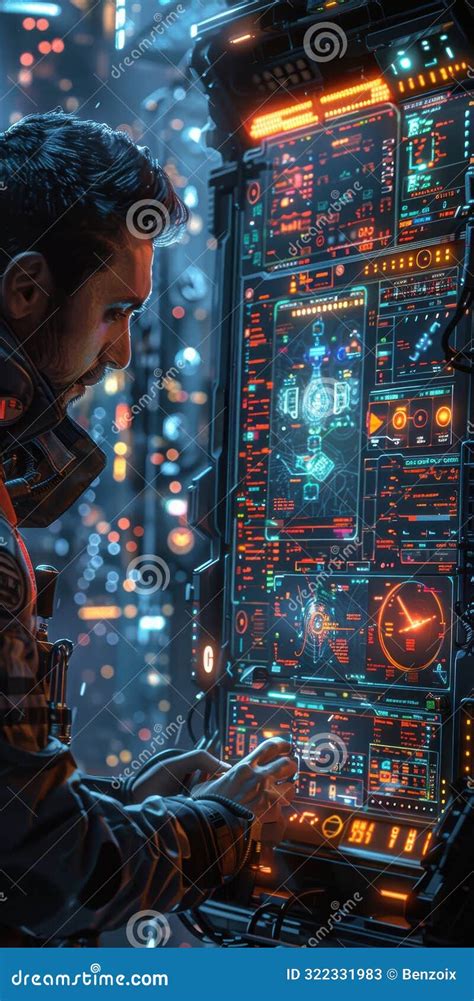 In A Futuristic Environment A Man Is Seen Operating A Hightech Control Panel In A Scifi Setting