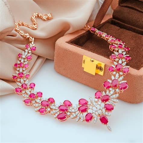 Synthetic Ruby Gemstone Choker Necklace Pave Diamond 18k Rose Gold Fine