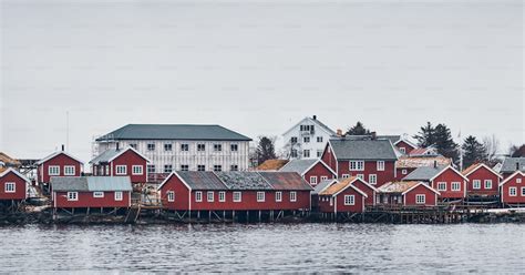 겨울에는 빨간 로르부 집 부두 어선이 있는 로포텐 섬의 라이네 어촌 마을의 파노라마 노르웨이 사진 Unsplash의 물 이미지