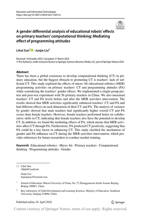 A Gender Differential Analysis Of Educational Robots Effects On Primary Teachers Computational