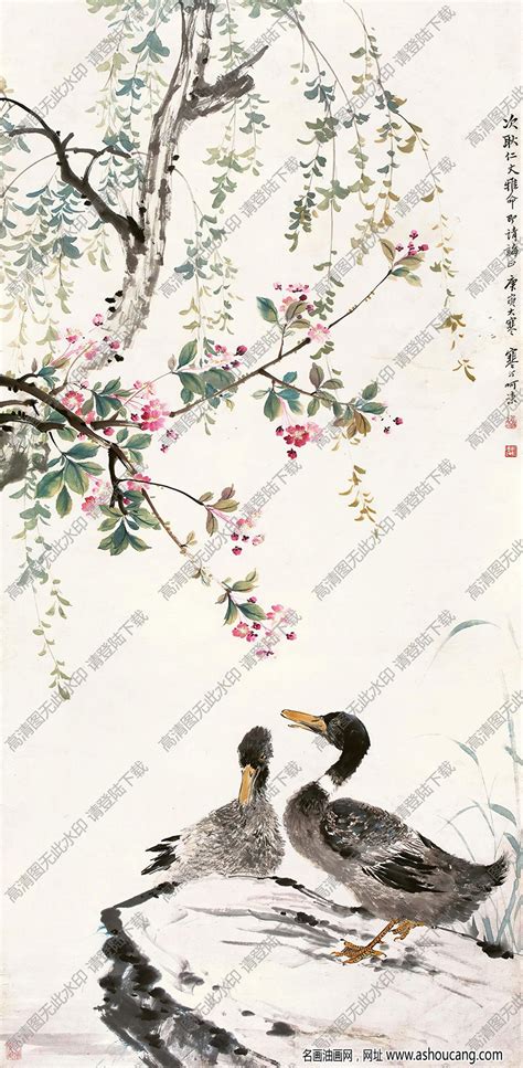 江寒汀作品 柳荫栖鸭图 高清大图下载 名画油画网