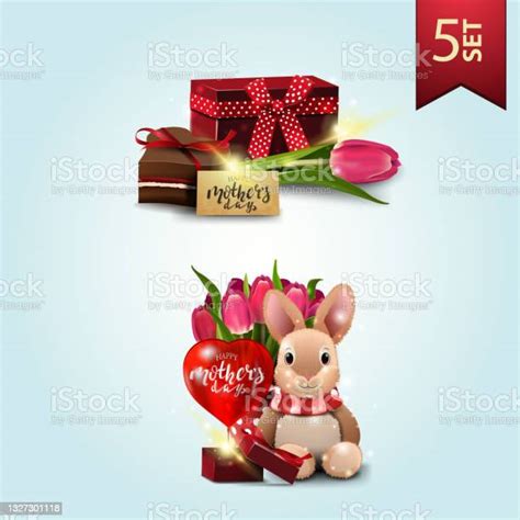 어머니의 날 선물 튤립 사탕 봉제 토끼 튤립 및 선물아이콘 세트 3차원 형태에 대한 스톡 벡터 아트 및 기타 이미지 3차원 형태 개념 개념과 주제 Istock