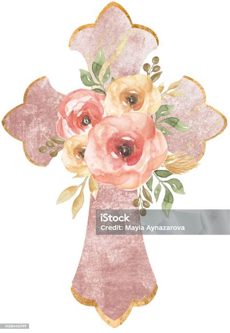 수채화 핑크 부활절 십자가 클립 아트 산호 모란 꽃 프레임 클립 아트 섬세한 세례 십자가와 골드 프레임 청첩장 새 아기 소녀 성령 예수에 대한 스톡 벡터 아트 및 기타