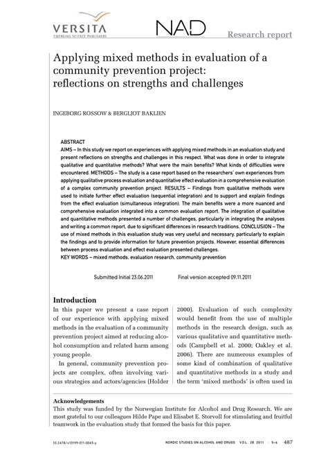 Pdf Applying Mixed Methods In Evaluation Of A Community Prevention Project Reflections On