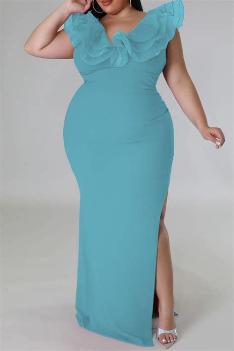Wholesale Green Sexy Solid Patchwork Slit V Neck Long Dress Plus Size