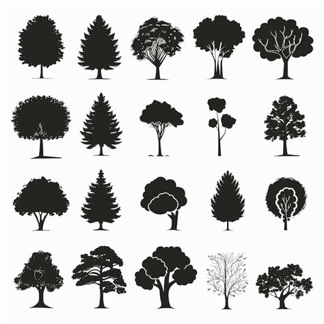 Silhouettes Of Various Tree Types Displayed In A Grid Pattern Premium
