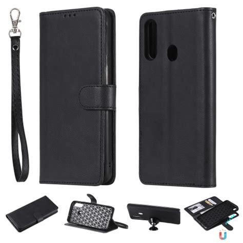 갤럭시 A20s 2 In 1 솔리드 컬러 분리형 Pu 가죽 케이스 카드 슬롯 및 마그네틱 홀더 및 사진 프레임 및 지갑 및 스트랩 블랙