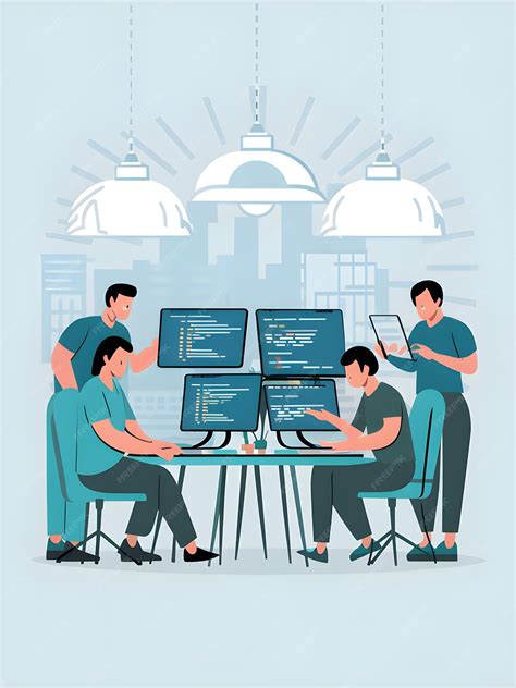 Premium Vector Software Developers Coding In A Lightfilled Openplan Office Vector Illustration