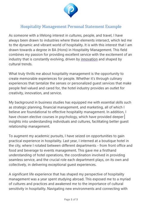 Hospitality Management Ba Hons Personal Statement Example