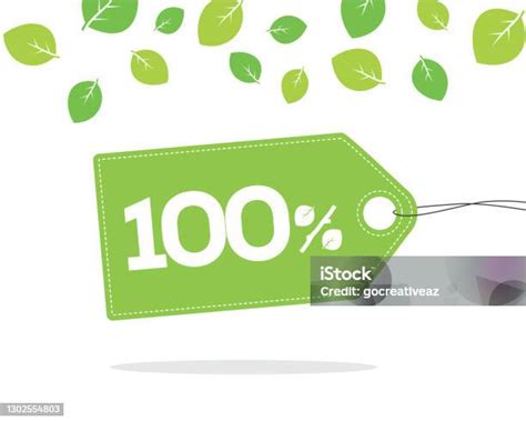 잎과 스틱 분기 아이콘으로 디자인 된 100 텍스트와 흰색 배경에 그림자와 함께 스티치와 녹색 가격 태그 라벨 잎 봄 과 여름 판매 캠페인에 대 한 100퍼센트에 대한 스톡