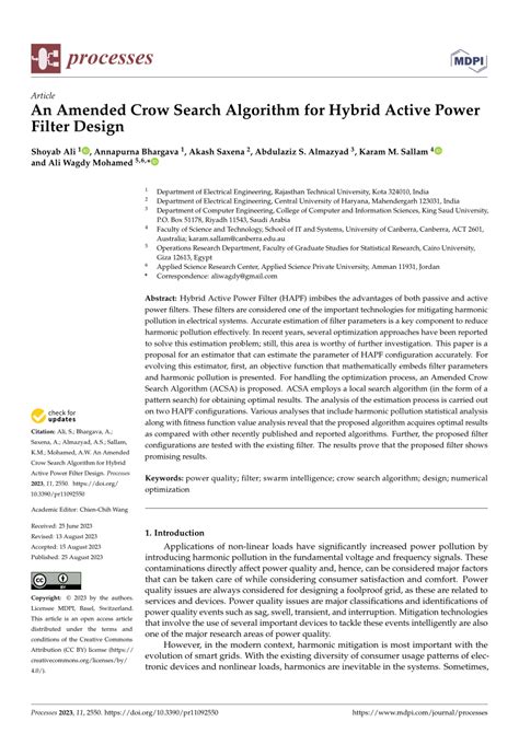 Pdf An Amended Crow Search Algorithm For Hybrid Active Power Filter Design
