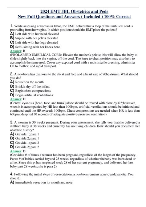 EMT JBL Obstetrics And Peds New Full Questions And Answers Included Correct JBL